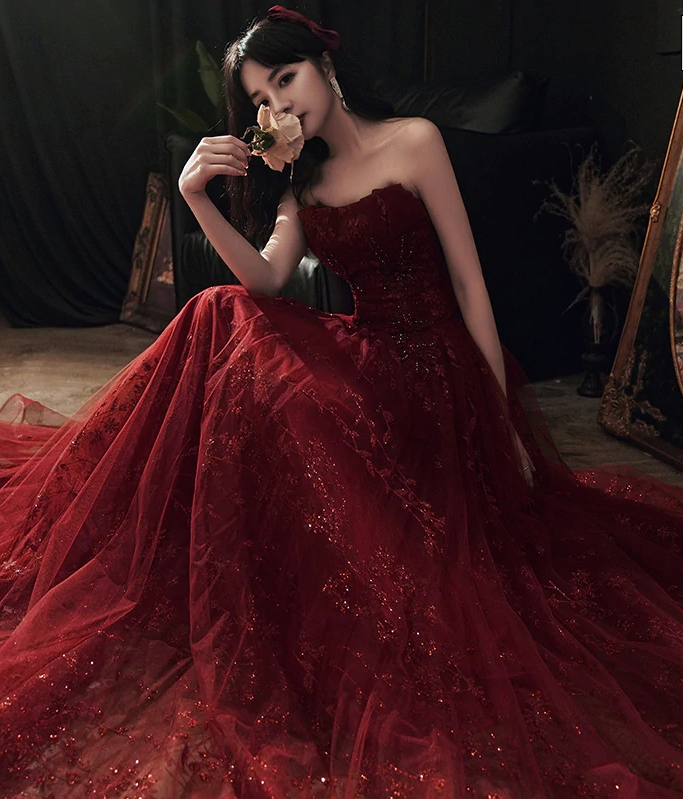 P1589 Wine Red Floral Lace And Tulle Long Evening Gown Party Dress ...